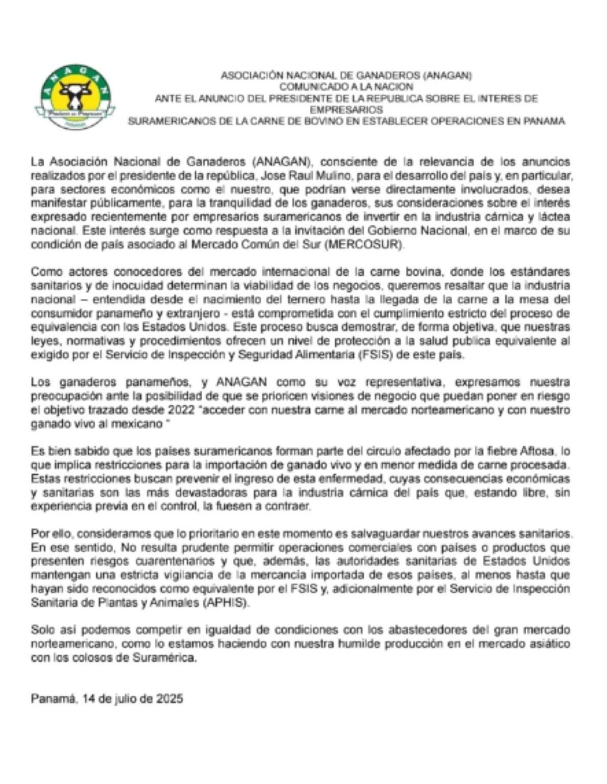 Anagan alerta sobre riesgos sanitarios ante posible inversión suramericana